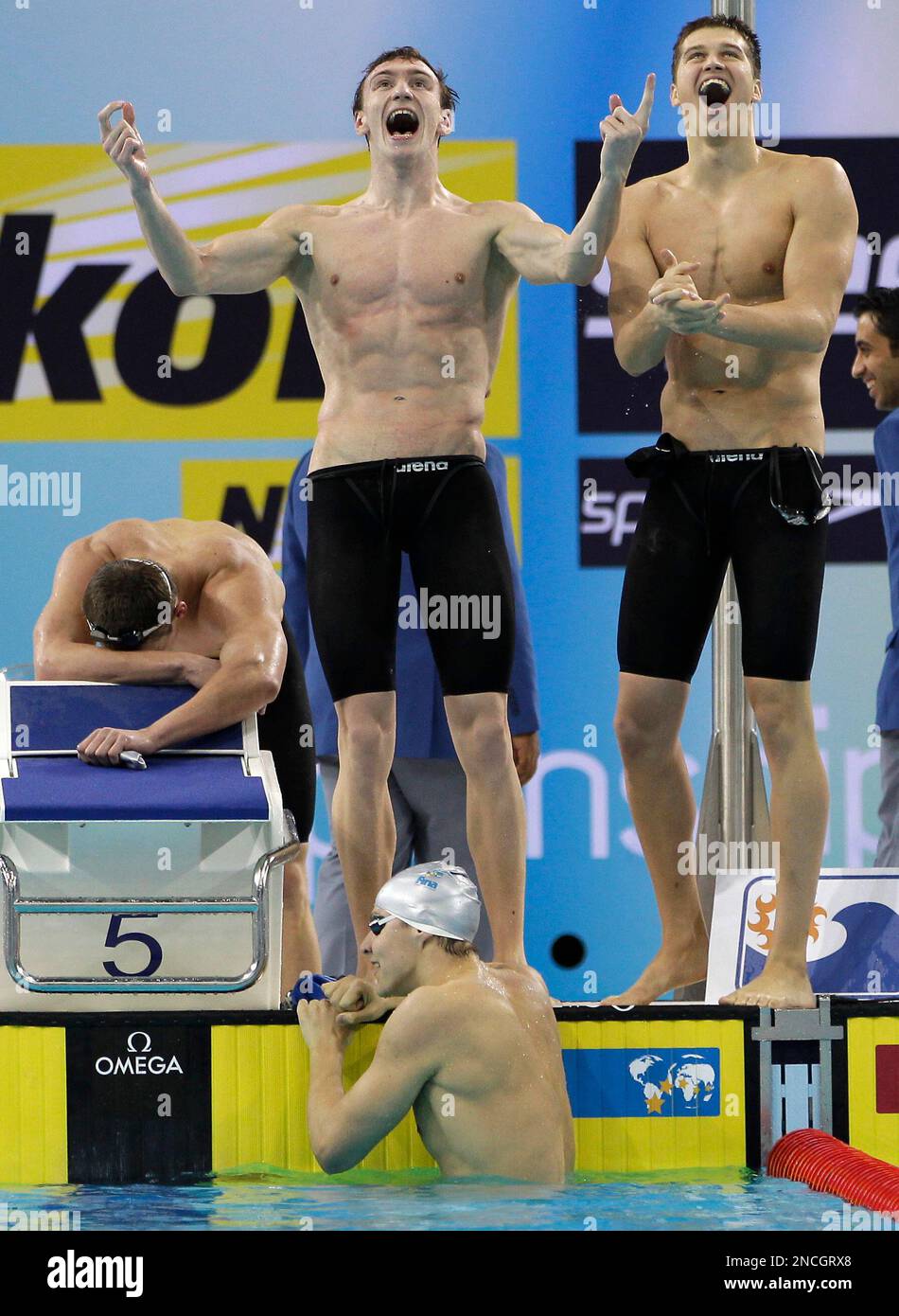 Russia's, from left, Danila Izotov, Evgeny Lagunov, Nikita Lobintsev ...