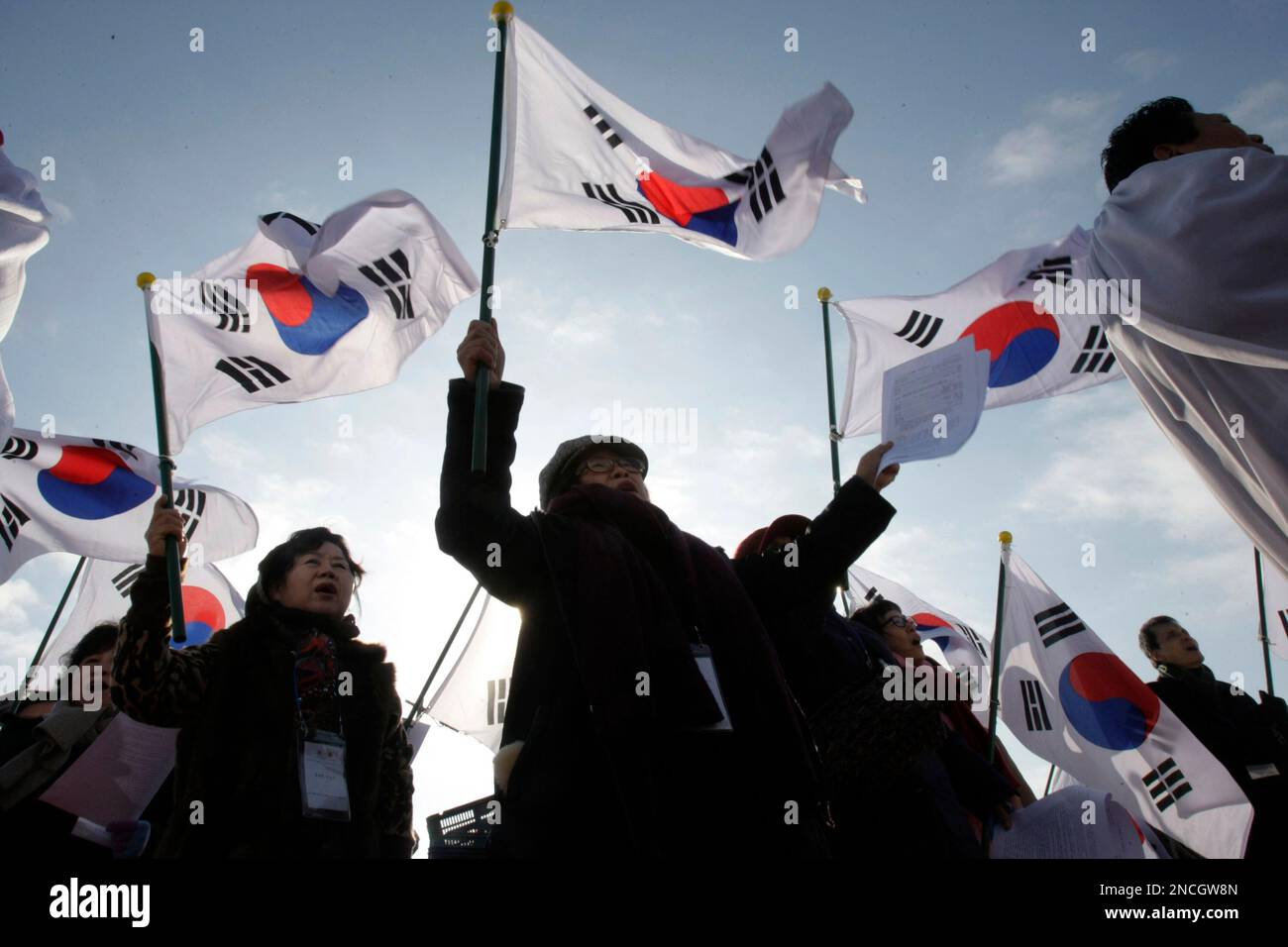 South Korean Christians with national flags participate in a special ...