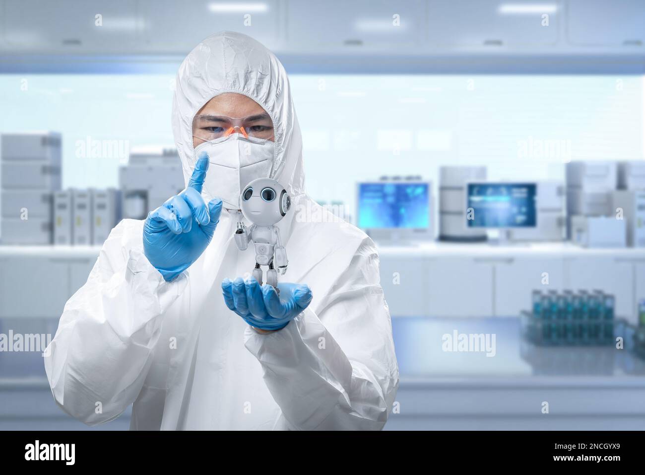 Worker wears medical protective suit or white coverall suit with small ...