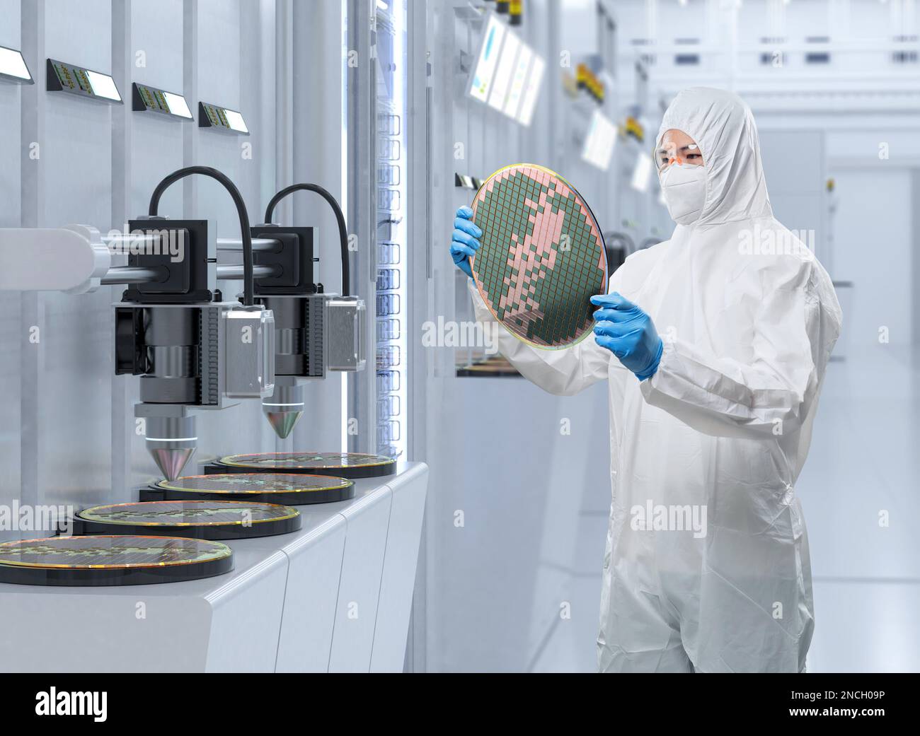 Worker or engineer wears medical protective suit or white coverall suit ...