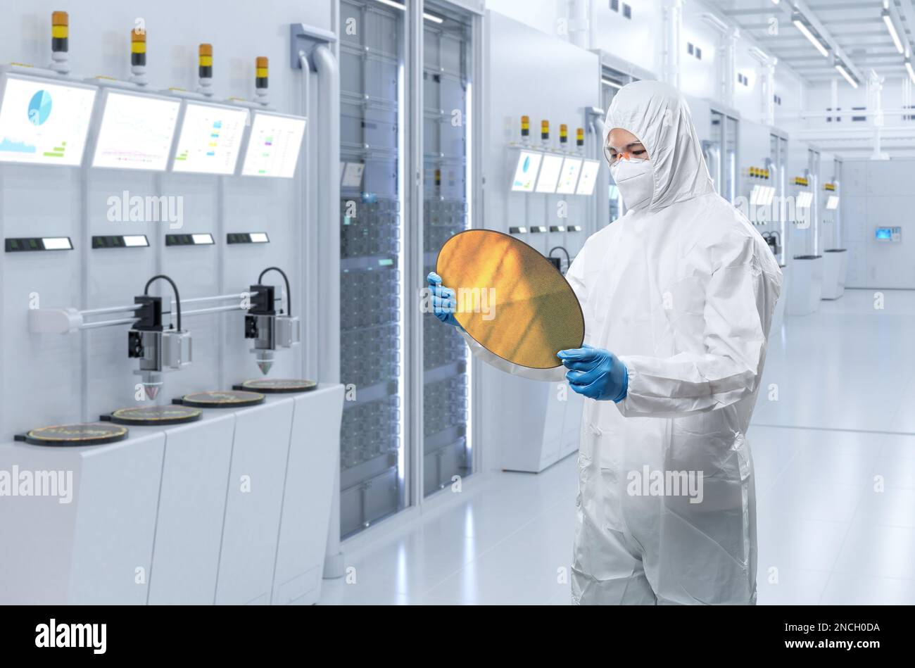 Worker or engineer wears medical protective suit or white coverall suit ...