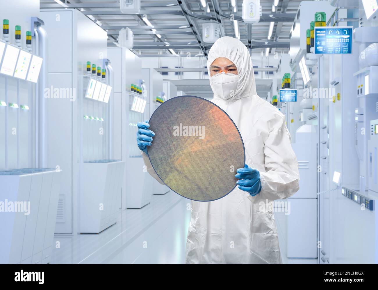 Worker or engineer wears medical protective suit or white coverall suit ...