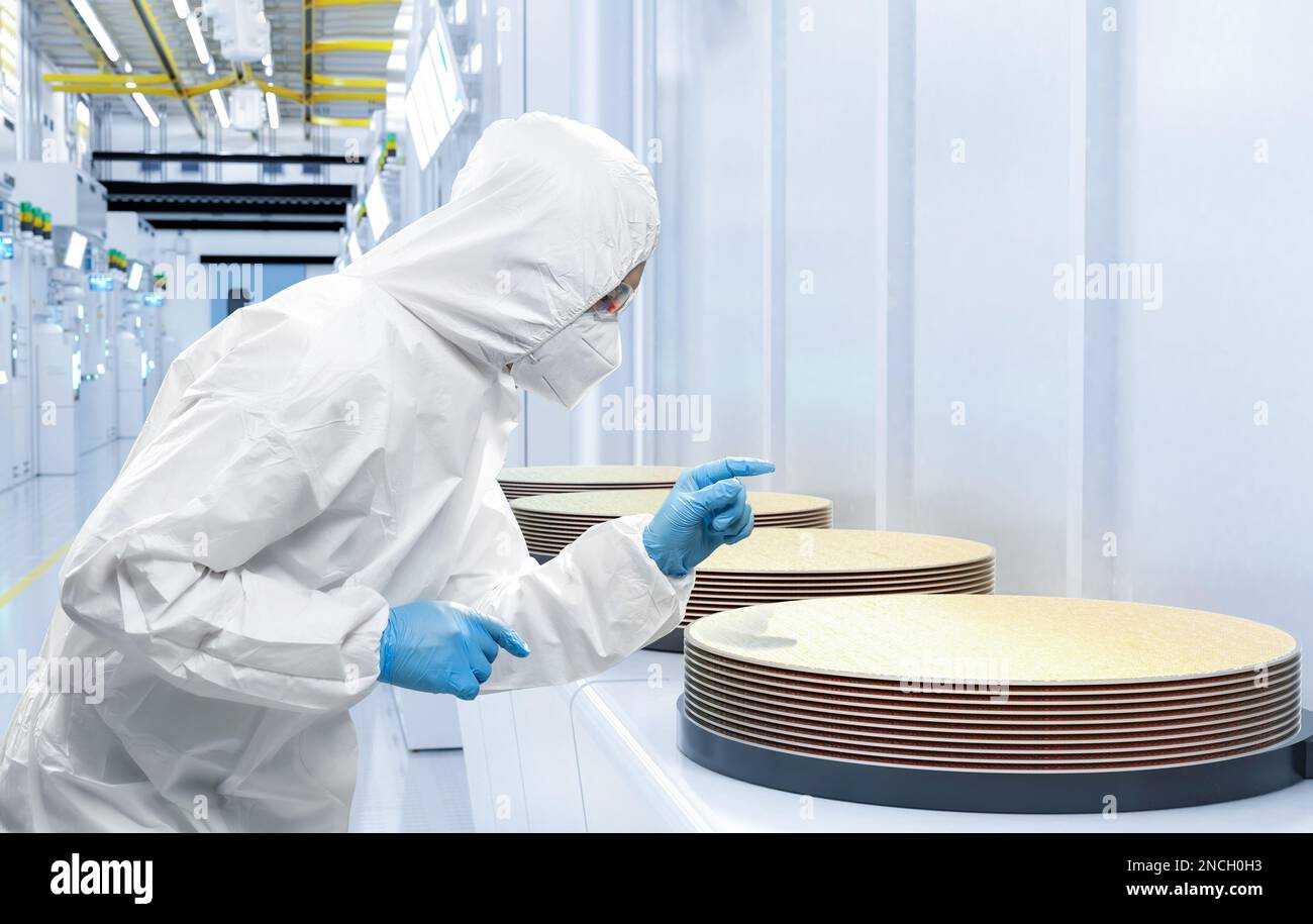 Worker or engineer wears medical protective suit or white coverall suit ...