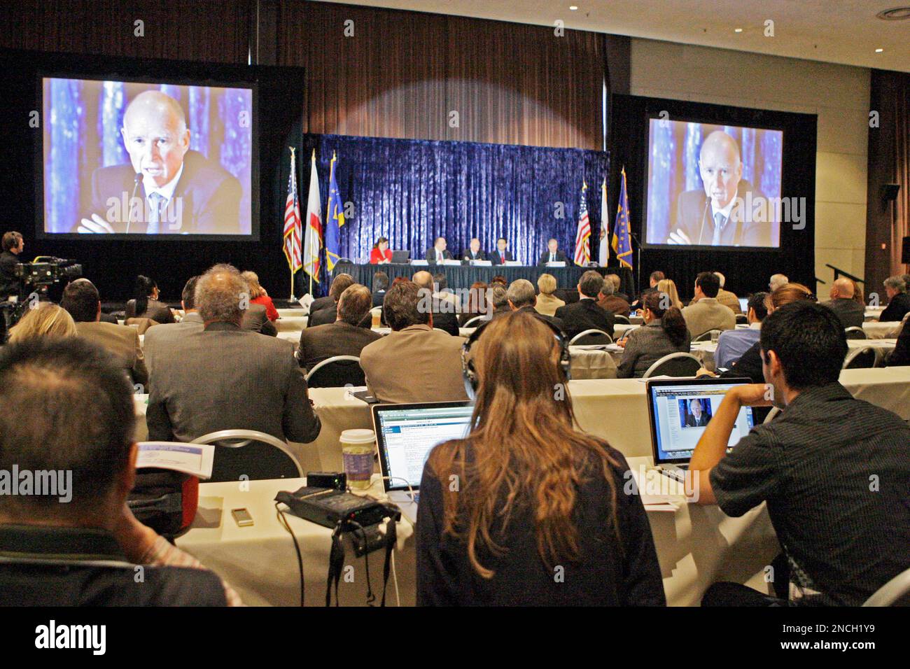 California Gov.-elect Jerry Brown and other panel members conduct a ...