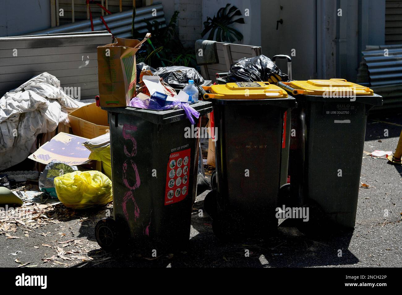 Overflowing household rubbish bins are seen in Newtown, Sydney ...