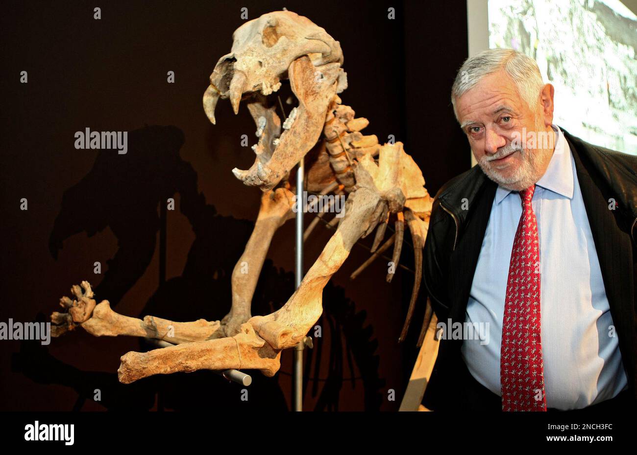 French anthropologist Yves Coppens poses next to a skeleton of a cave ...
