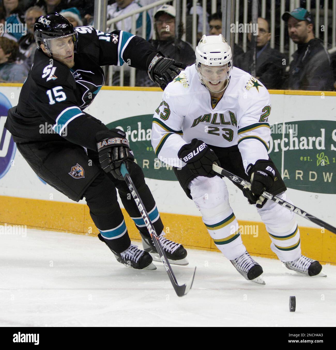 Dallas Stars' Tom Wandell, right, and San Jose Sharks' Dany Heatley ...