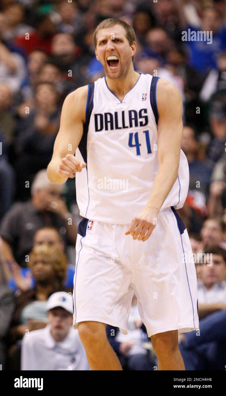 Dallas Mavericks power forward Dirk Nowitzki (41) of Germany reacts ...
