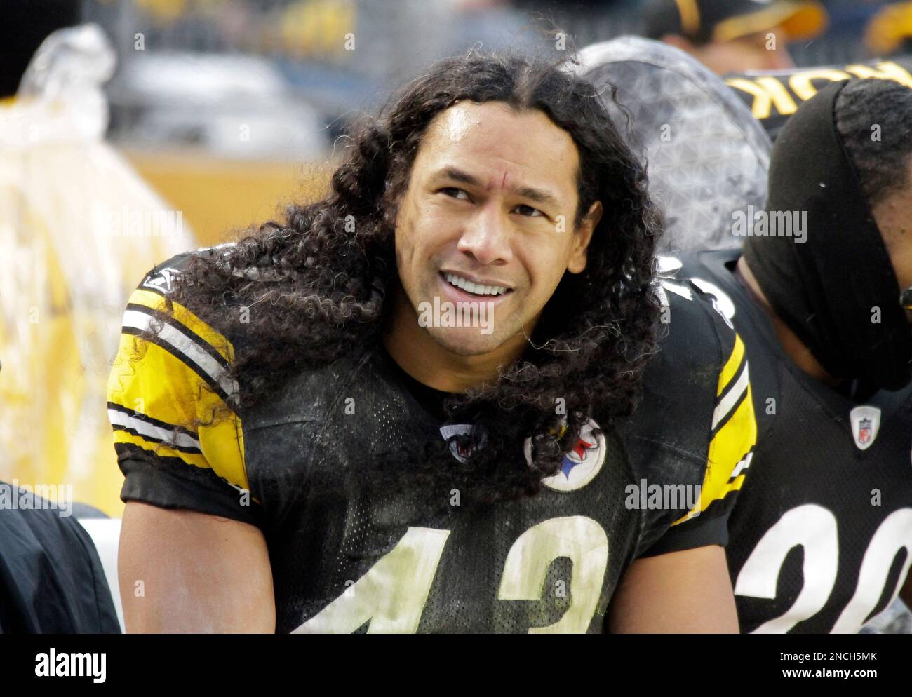 Pittsburgh Steelers safety Troy Polamalu sits on the sidelines during ...