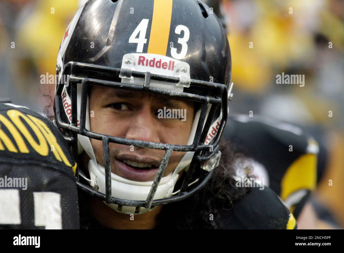 Pittsburgh Steelers safety Troy Polamalu sits on the sidelines during ...