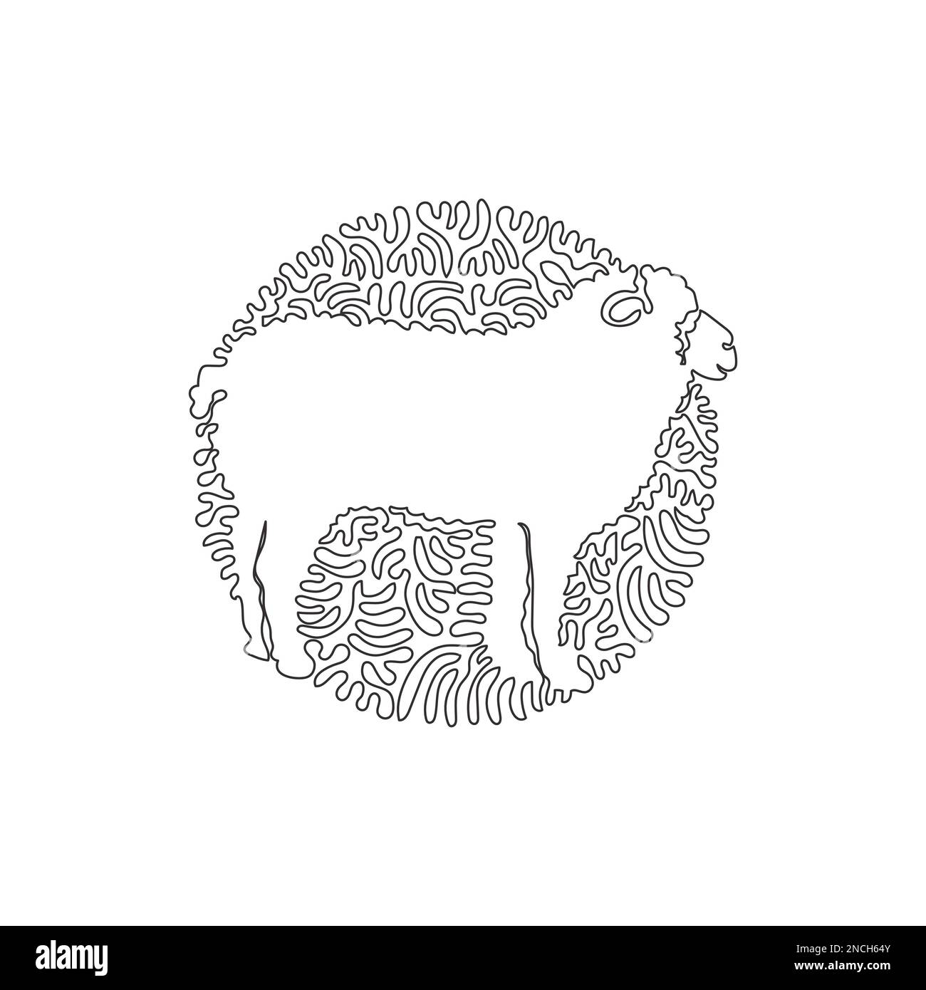 Continuous One Curve Line Drawing Of Funny Sheep Abstract Art In Circle Single Line Editable