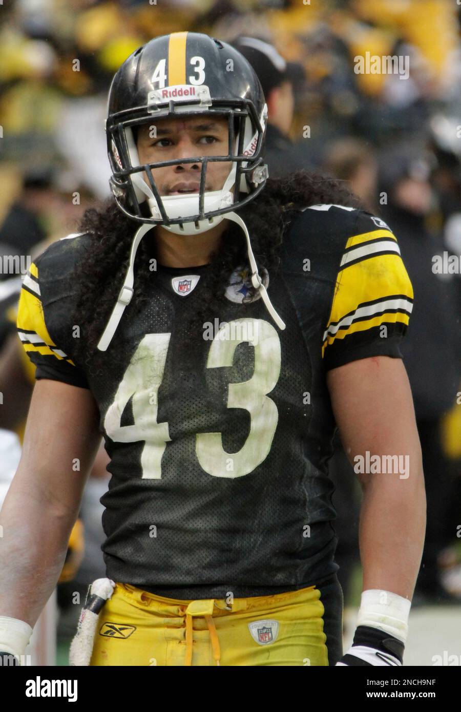 Pittsburgh Steelers safety Troy Polamalu (43) walks on the sidelines ...