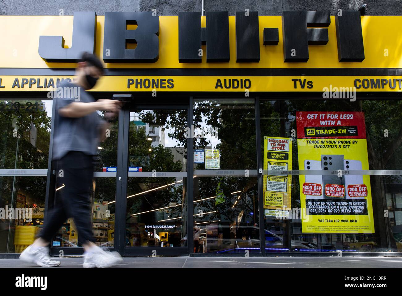 JB-HI’s signs are seen outside a store on Elizabeth Street in Melbourne, Wednesday, February 15 ...