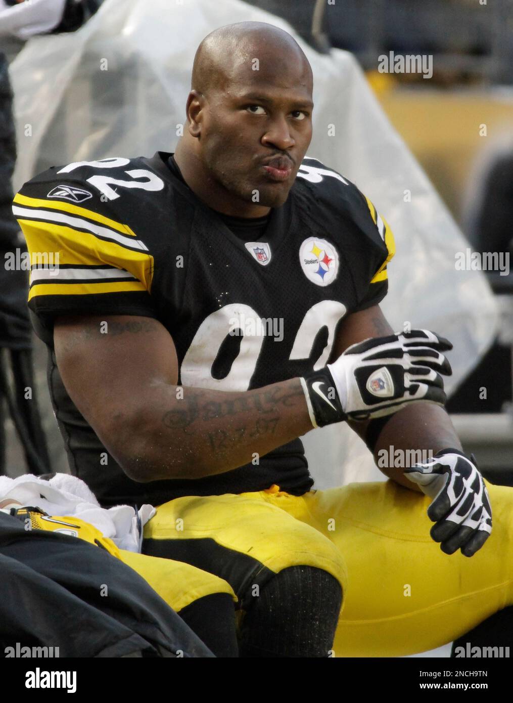 Pittsburgh Steelers linebacker James Harrison (92) sits on the ...