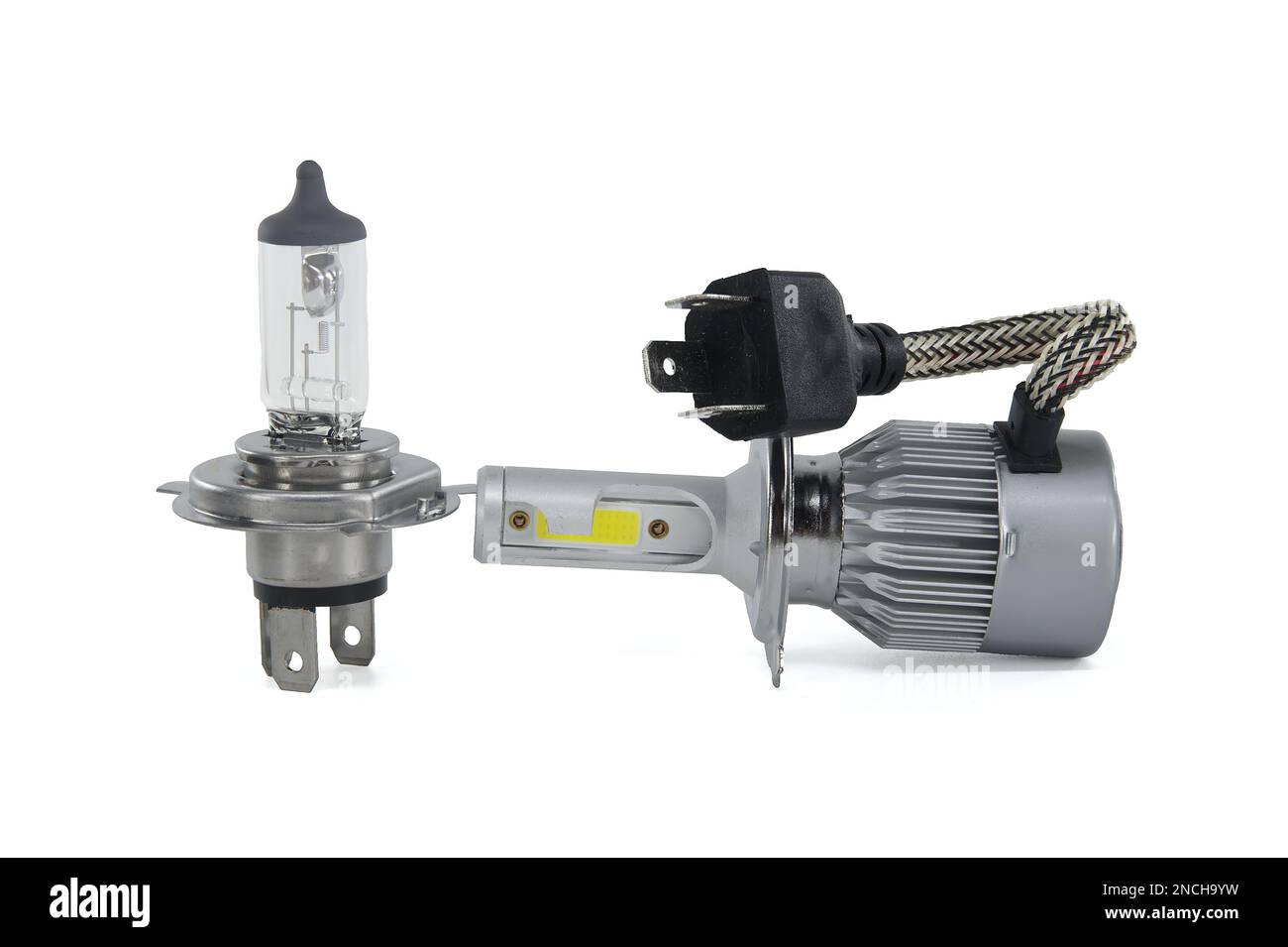 Car H4 LED and halogen headlight bulbs isolated on white background ...