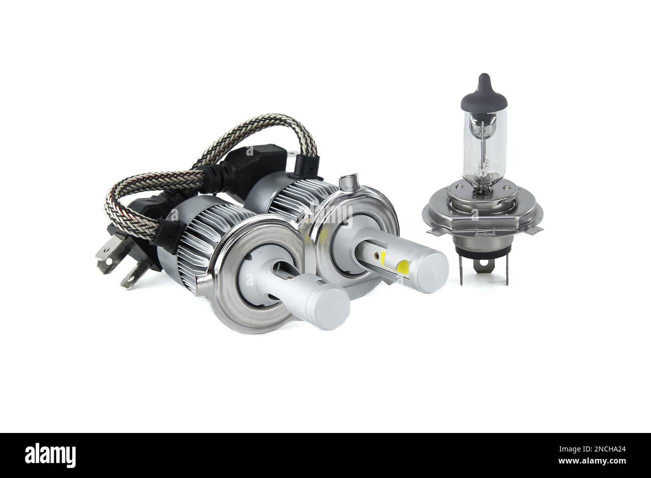 H4 halogen lamp and LED headlight bulbs isolated on white background ...