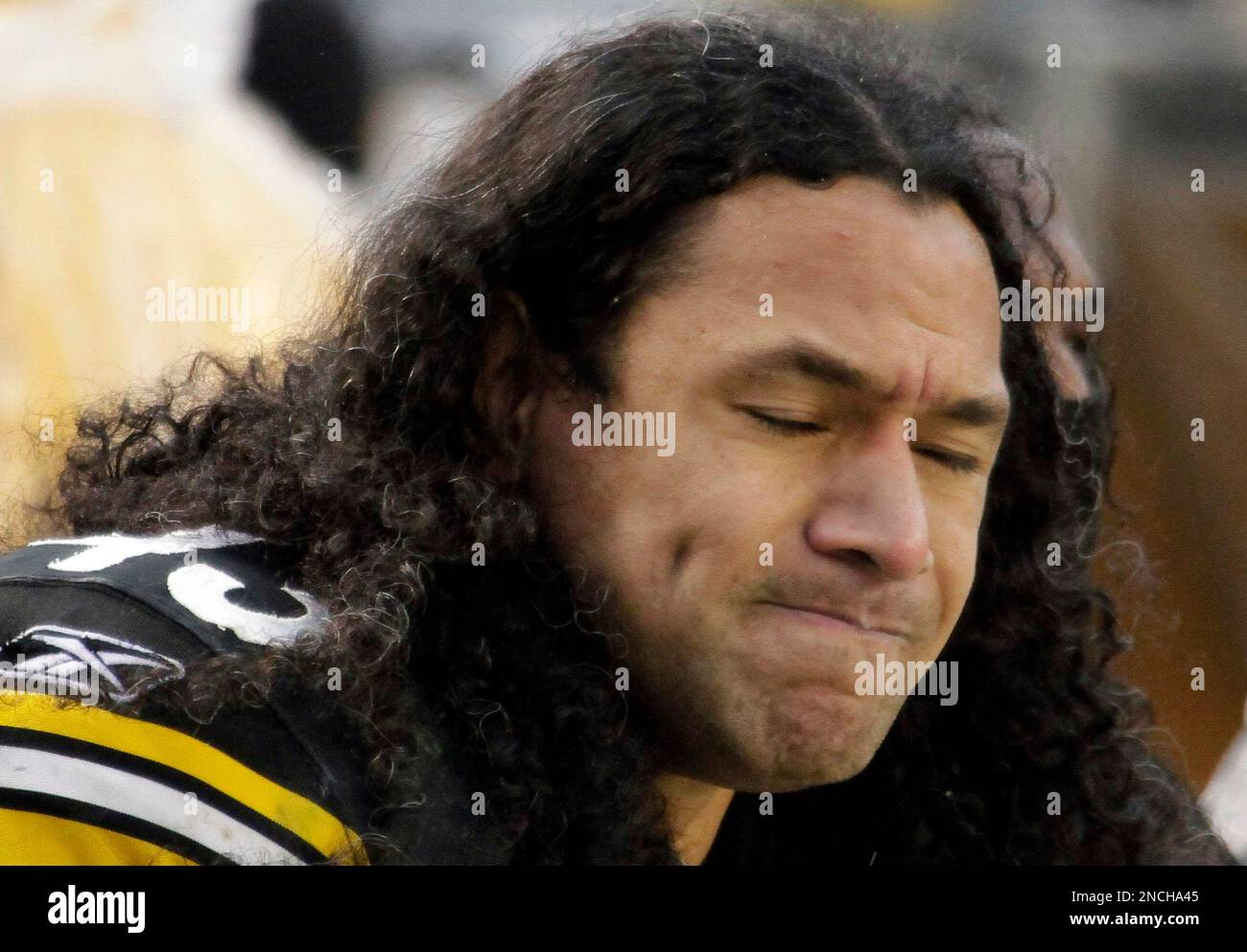 Pittsburgh Steelers safety Troy Polamalu sits on the sidelines during ...