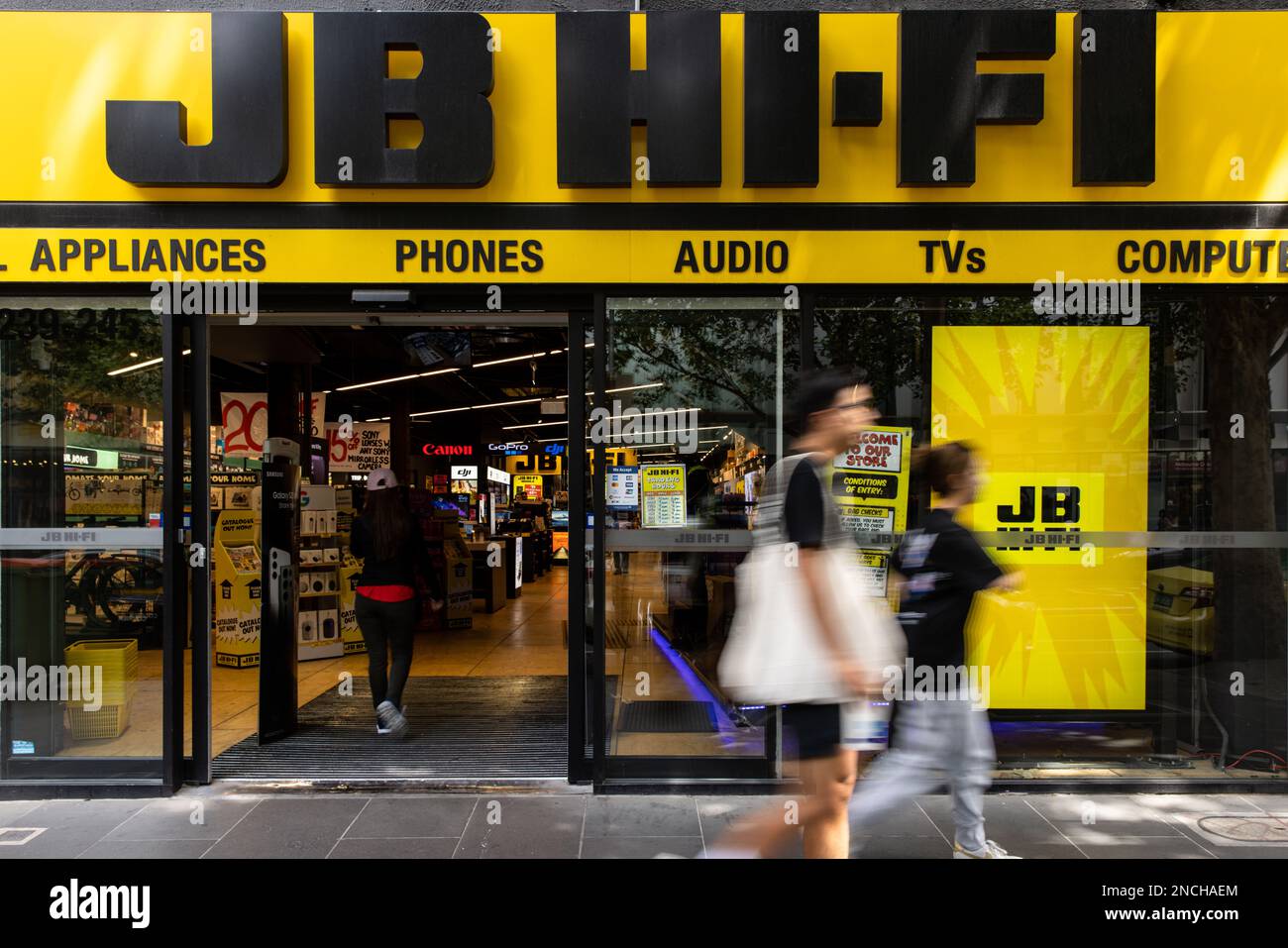 JB-HI’s signs are seen outside a store on Elizabeth Street in Melbourne, Wednesday, February 15 ...