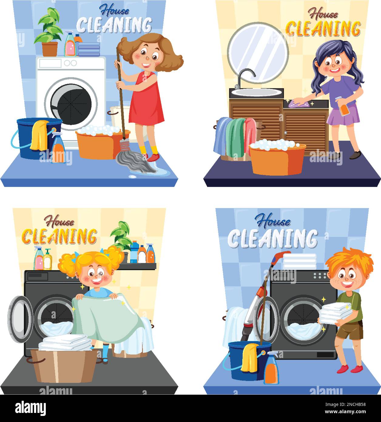 Children doing housework characters set illustration Stock Vector Image ...