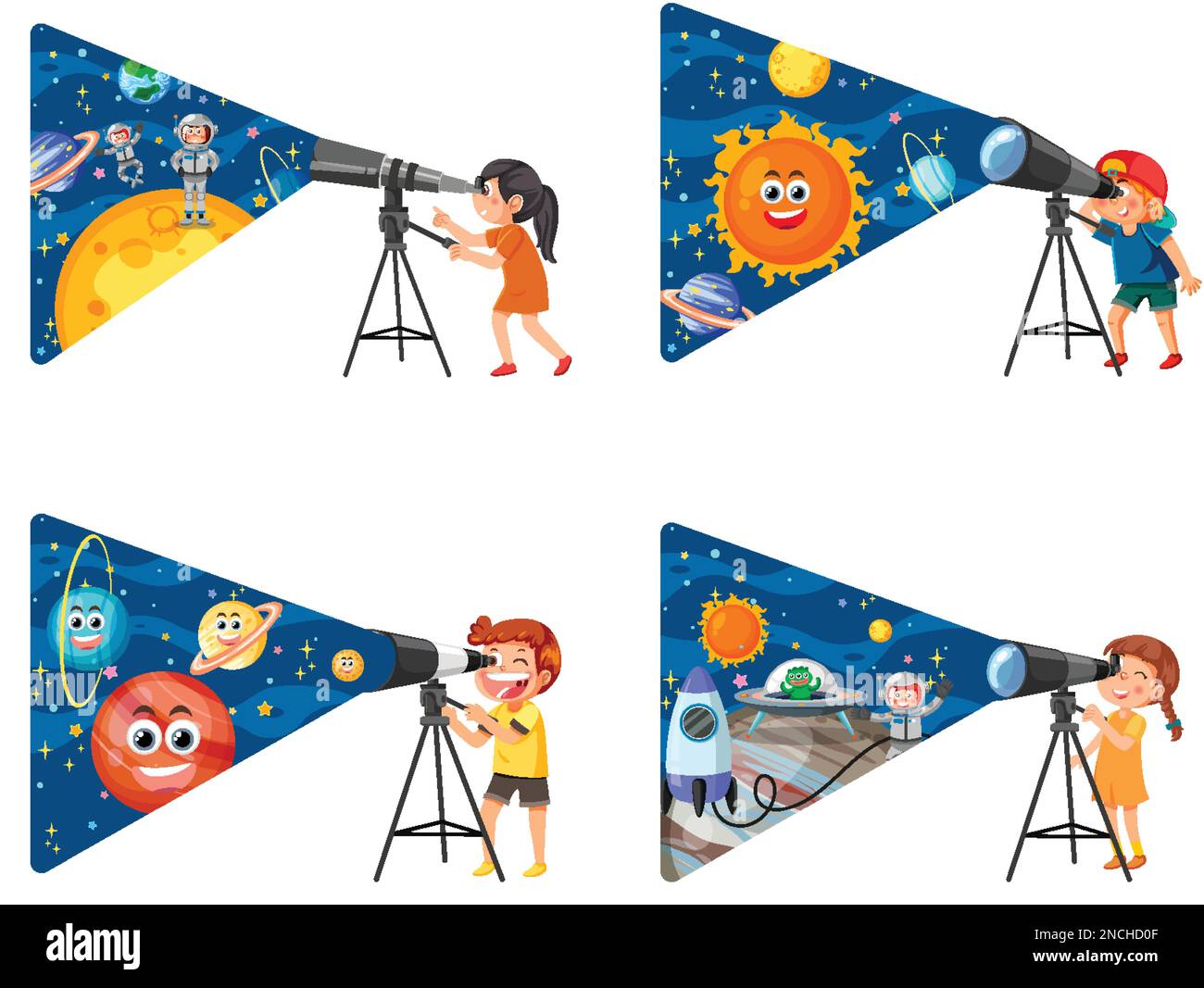 Set of kids using telescope isolated illustration Stock Vector Image ...