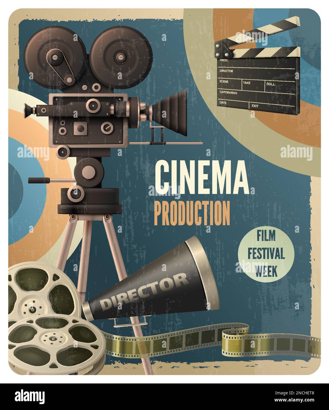 Realistic vintage design template of cinema production film festival week poster with camcorder ...