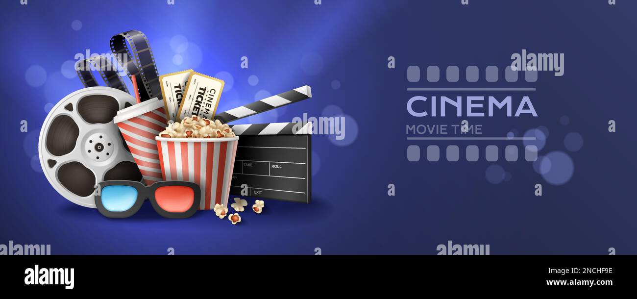 Realistic horizontal cinema movie time poster with 3d glasses snacks ...