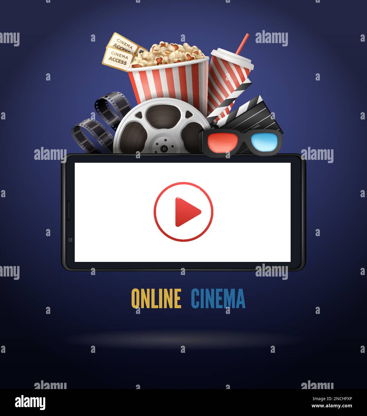 Online cinema realistic poster with play button on screen popcorn 3d ...