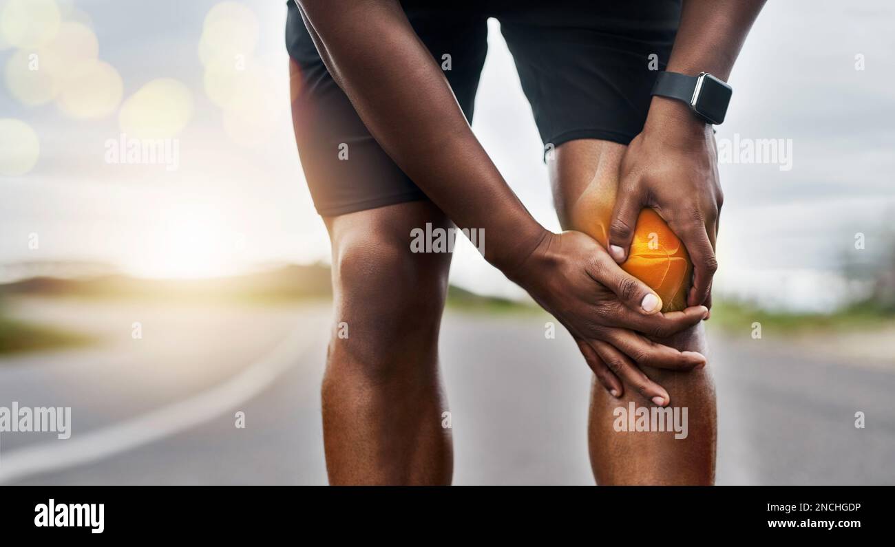 Knee accident, red body and man exercise with medical pain, muscle ...