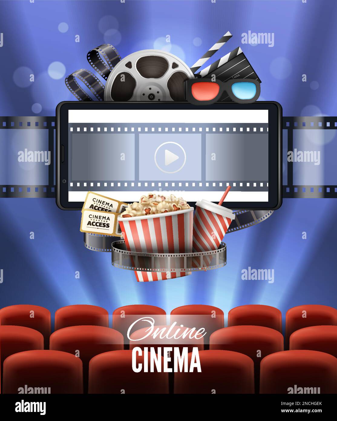 Online cinema realistic poster with screen popcorn 3d glasses seats ...