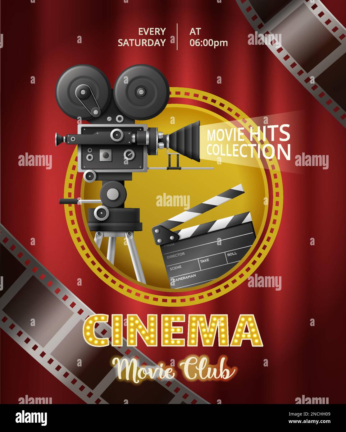 Realistic cinema movie club poster template with camcorder clapper ...