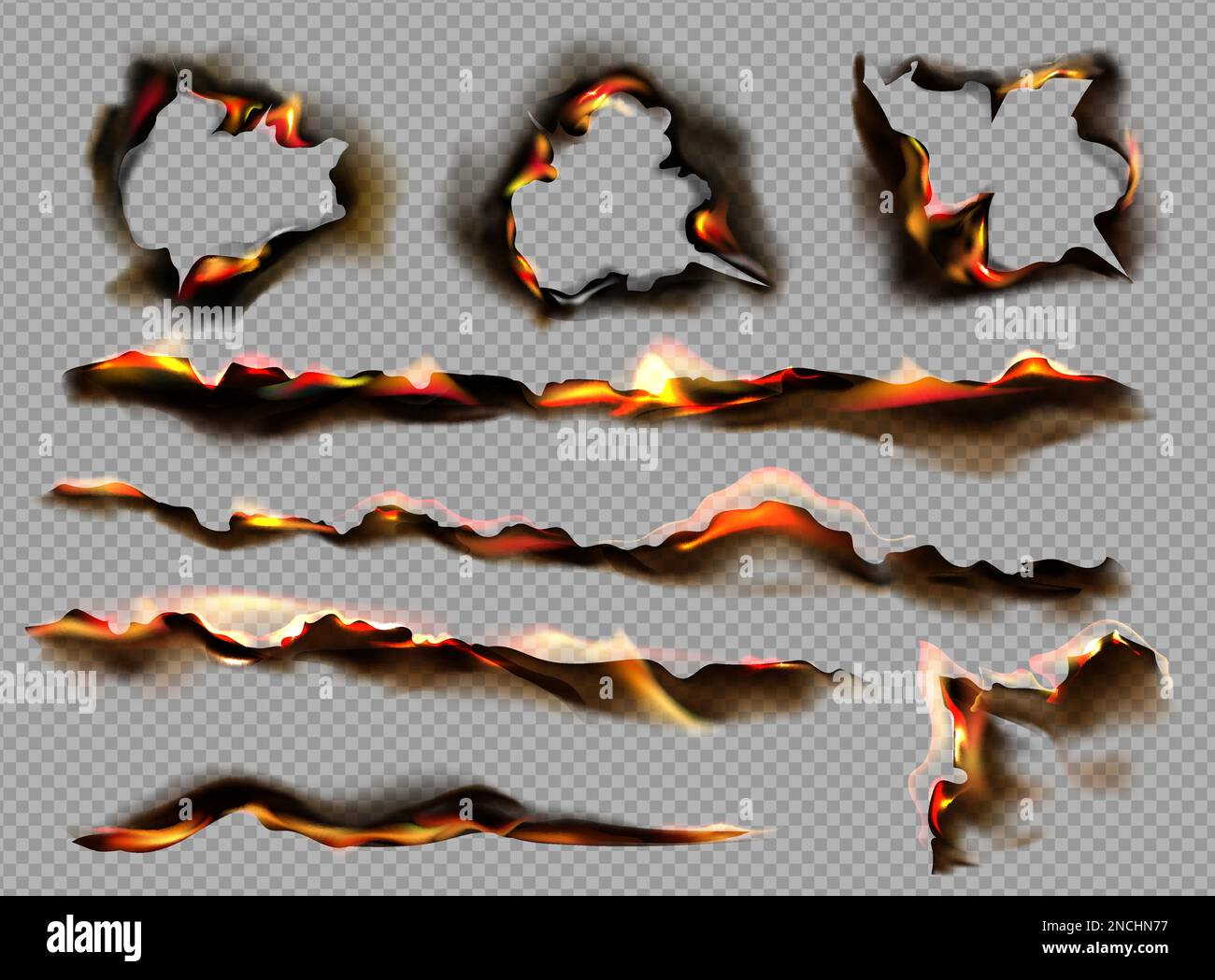 Realistic burnt paper icon set smoldering paper in the shape of a line ...