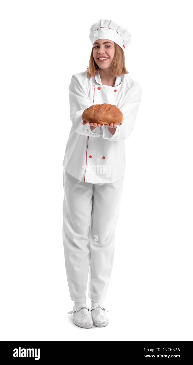 Female baker with fresh bread on white background Stock Photo - Alamy