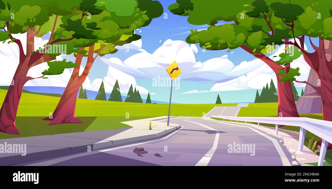 Mountain valley landscape with highway road, forest, trees and green ...