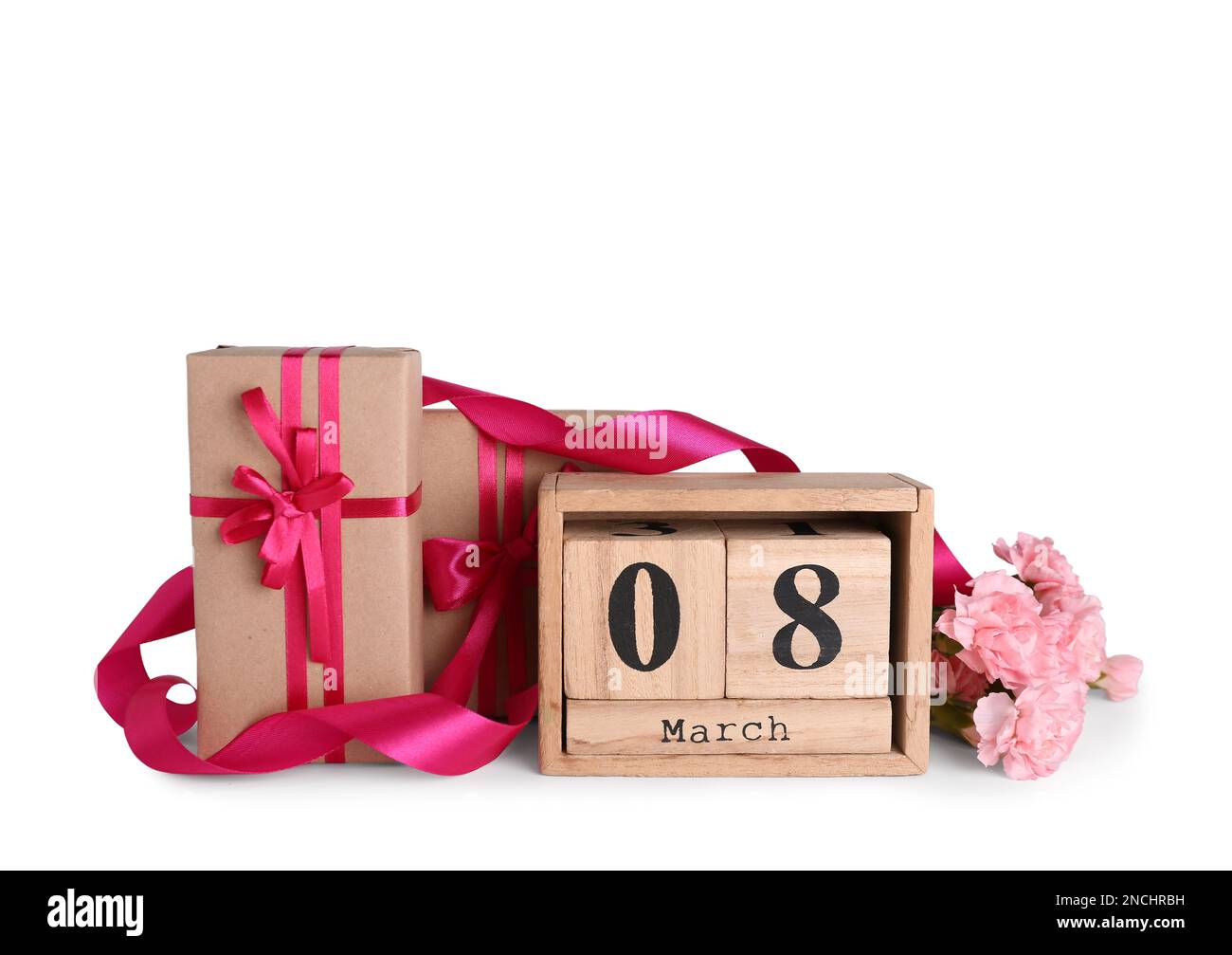 Cube calendar with date MARCH 8, gift boxes and beautiful carnation ...