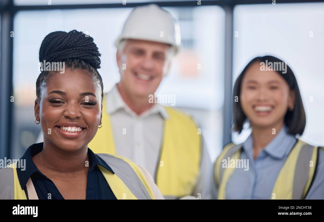 Engineering, diversity and portrait of a industrial team working on a ...