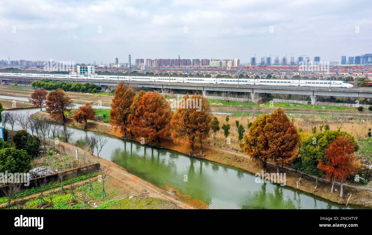 SHANGHAI, CHINA - FEBRUARY 14, 2023 - A bullet train runs on the ...