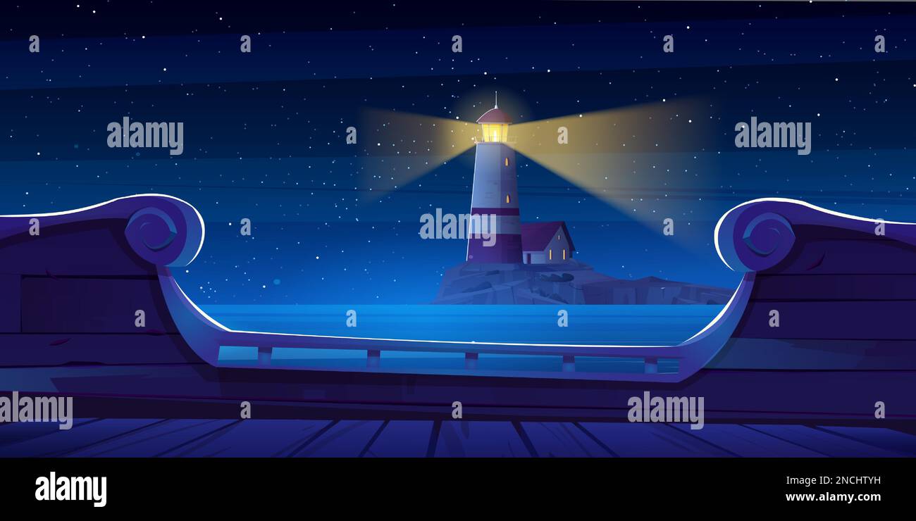 Sea night landscape with lighthouse on island, ship deck view. Cartoon ...