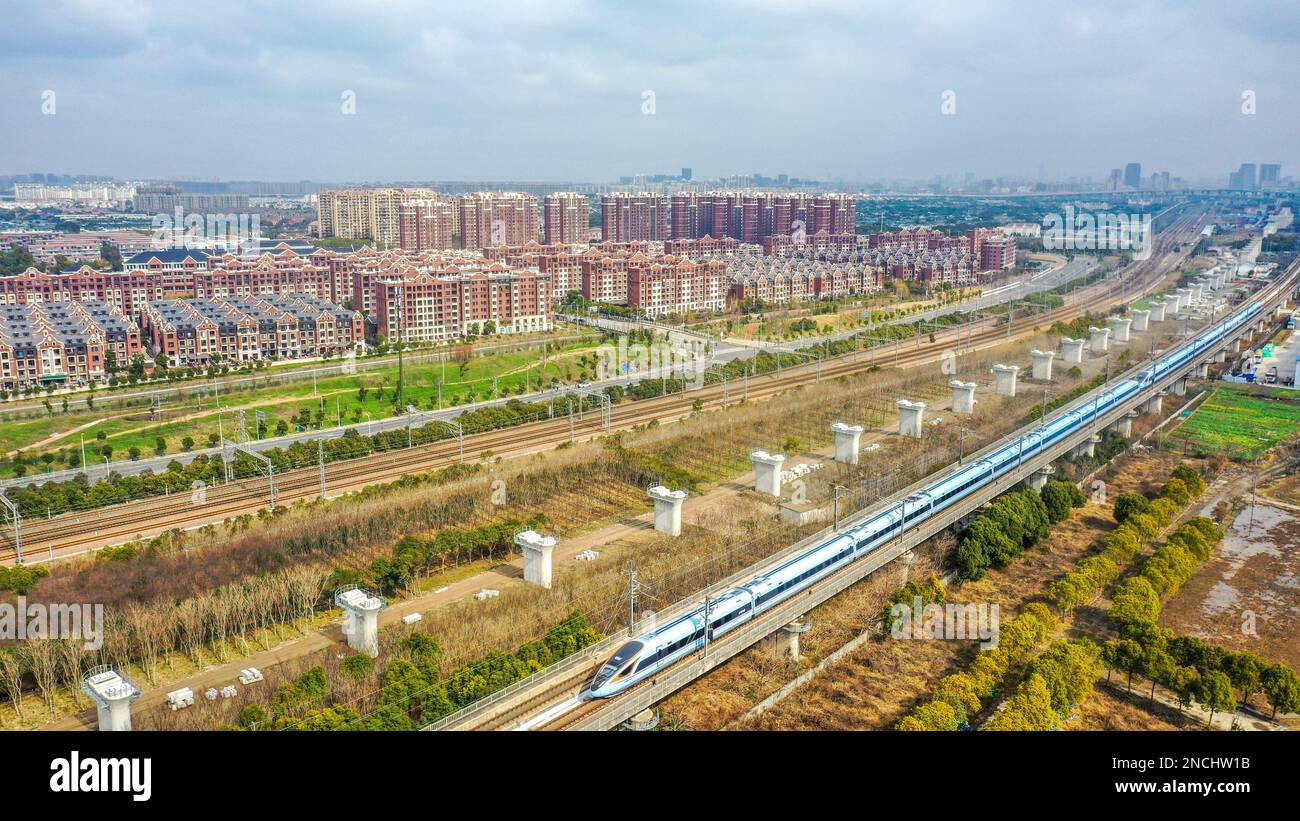 SHANGHAI, CHINA - FEBRUARY 14, 2023 - A bullet train runs on the ...