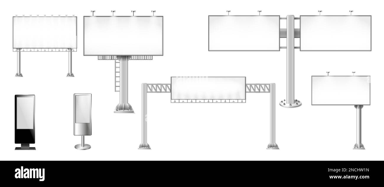 Realistic set of metal poles with blank advertising billboards isolated ...