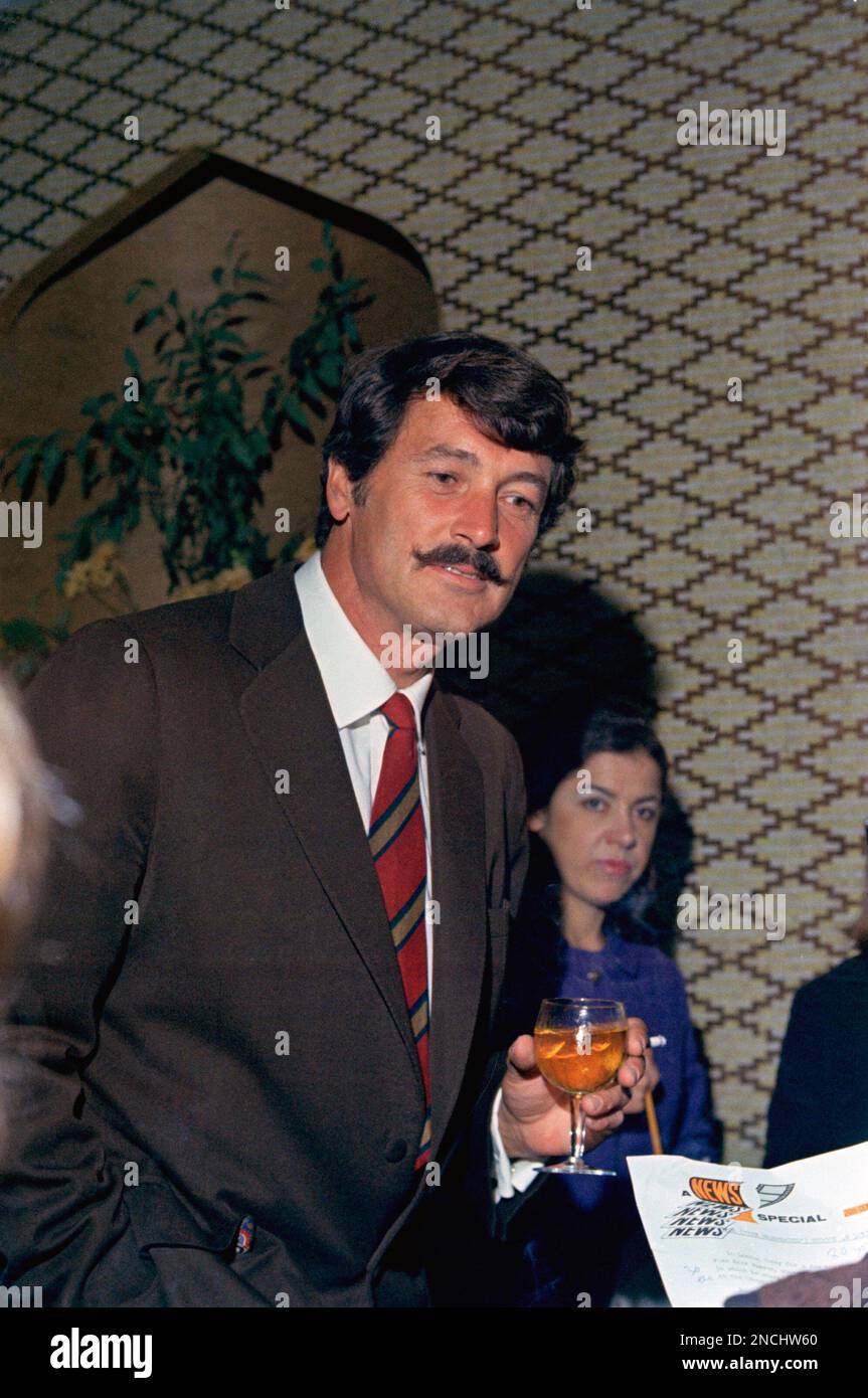 Actor Rock Hudson, sporting newly grown moustache, at a party in London ...
