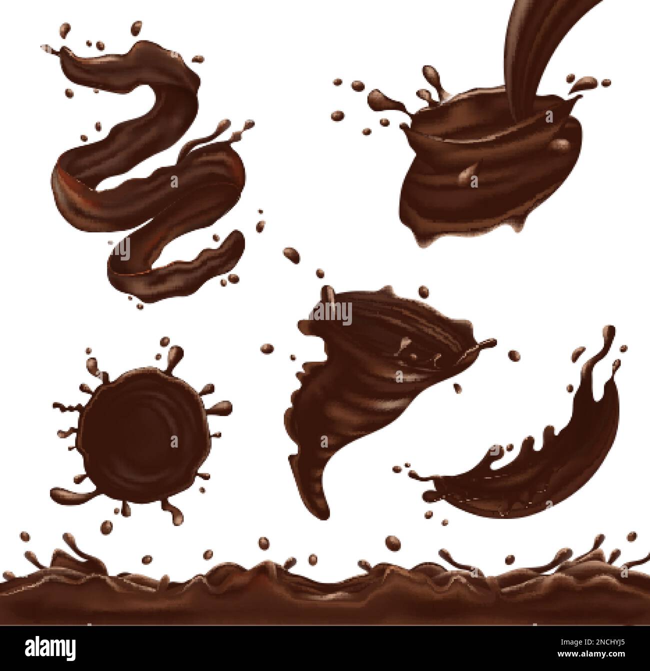 Dark chocolate splashes realistic set with isolated flows and drops ...