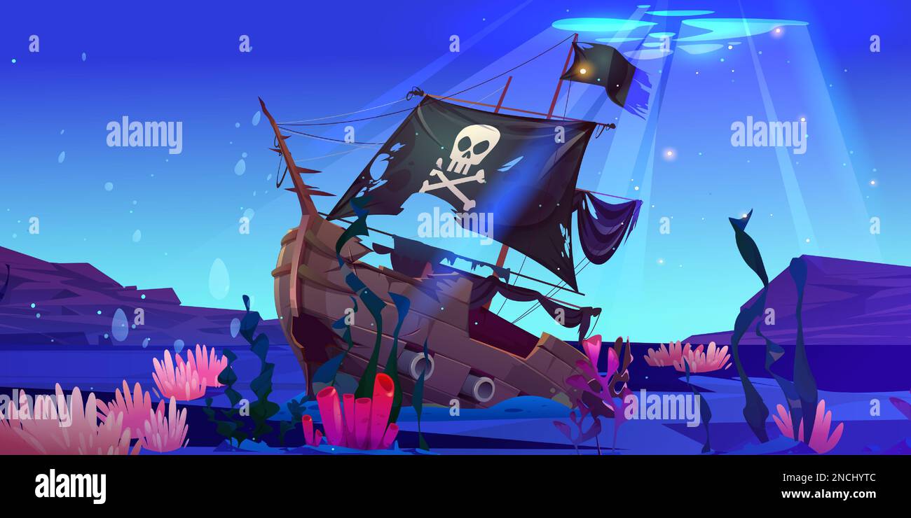 Underwater game scene with pirate ship crash and beam light. Vector ...