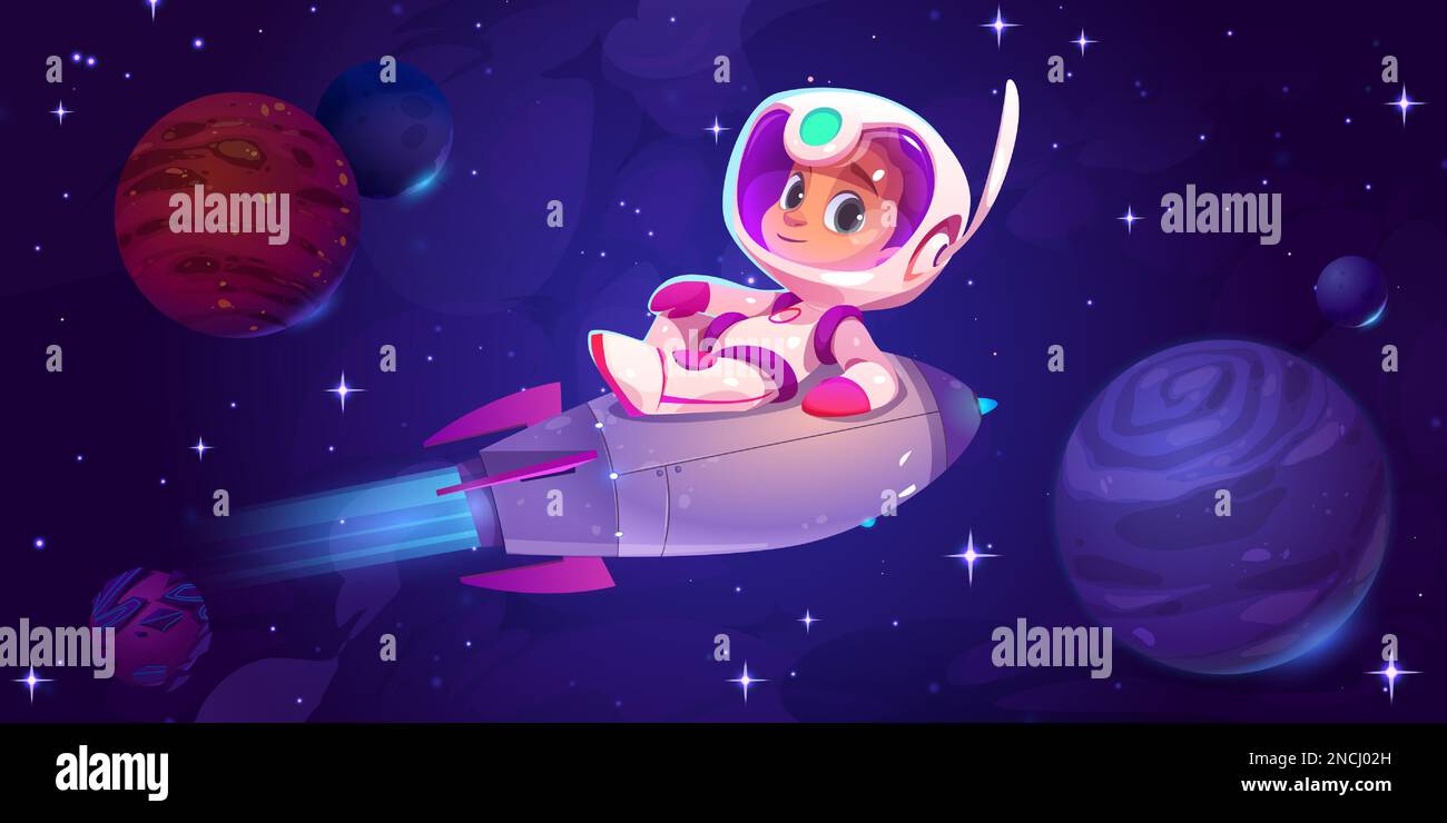 Cute cartoon astronaut flying on rocket in space. Vector illustration ...