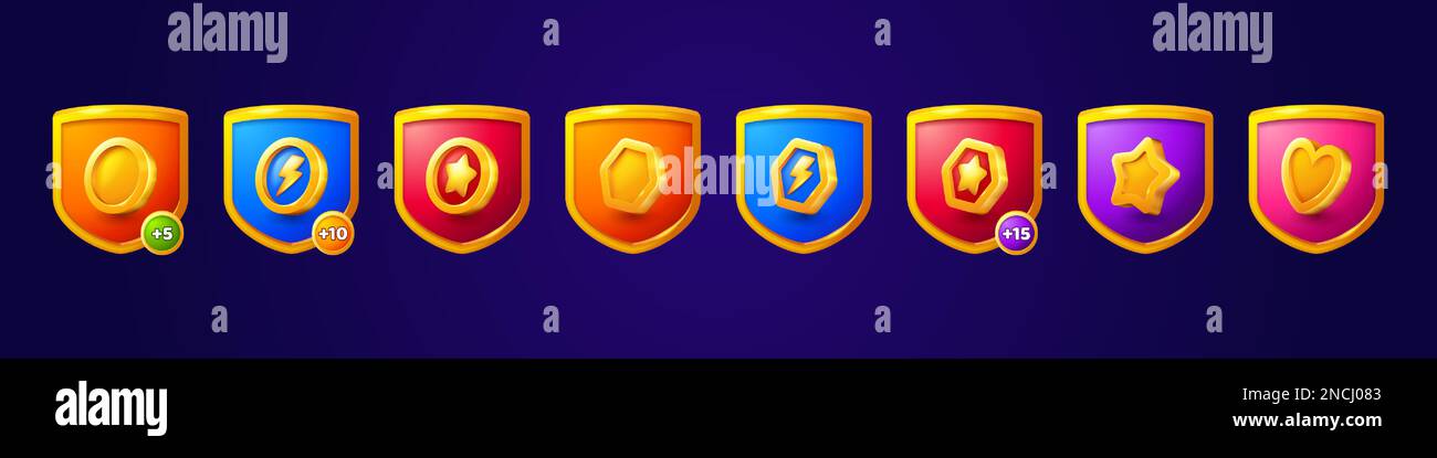 Cartoon set of shield game badges isolated on background. Vector ...