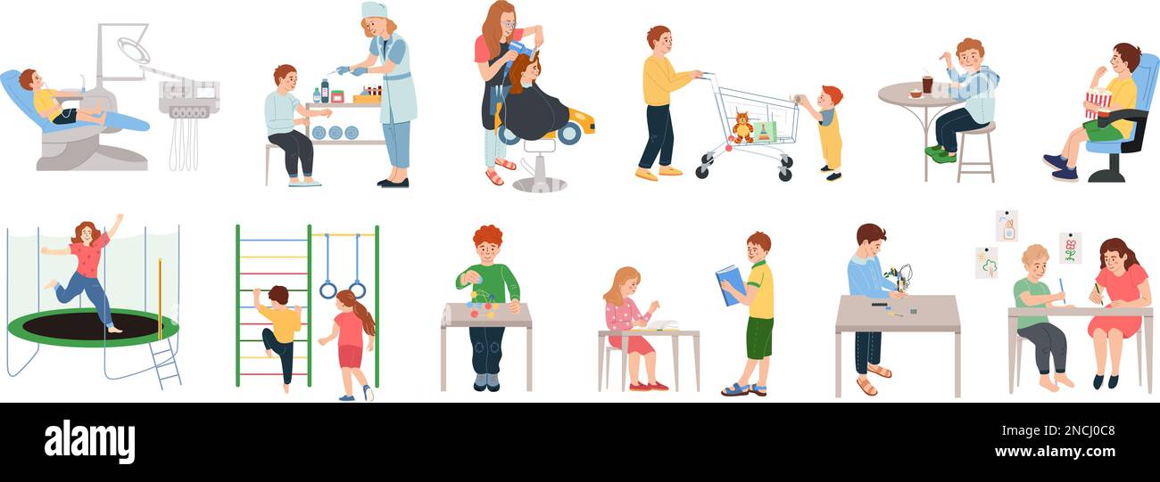 Kids services flat icons set with children playing eating and visiting ...