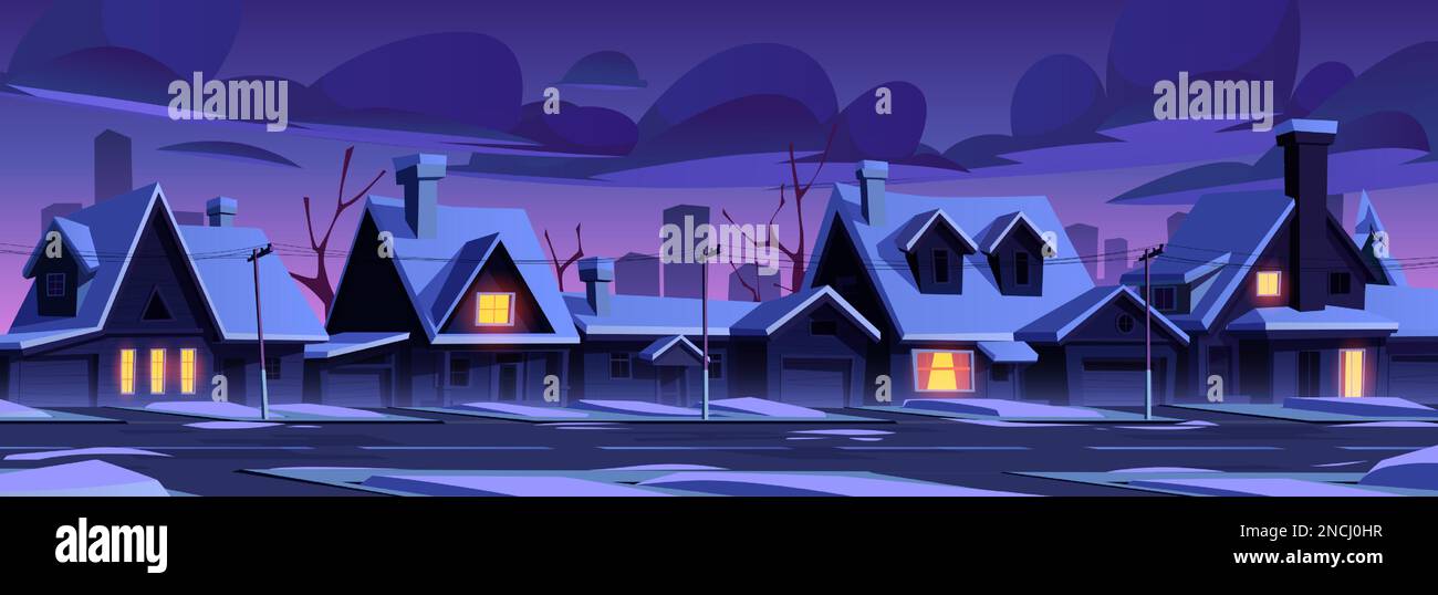City neighborhood with street, houses and snow at night. Winter ...
