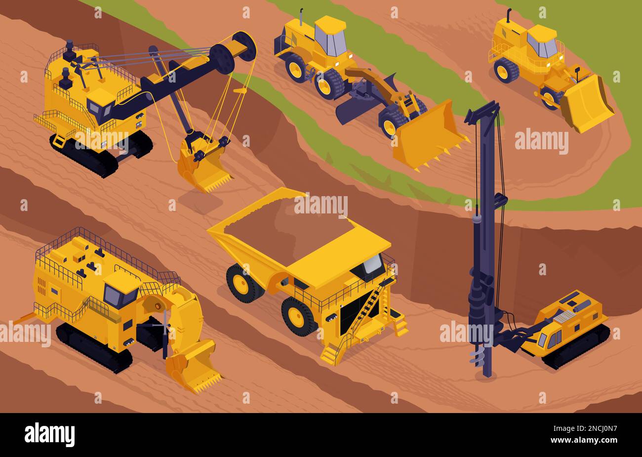 Isometric mining composition with outdoor view of open pit with yellow ...