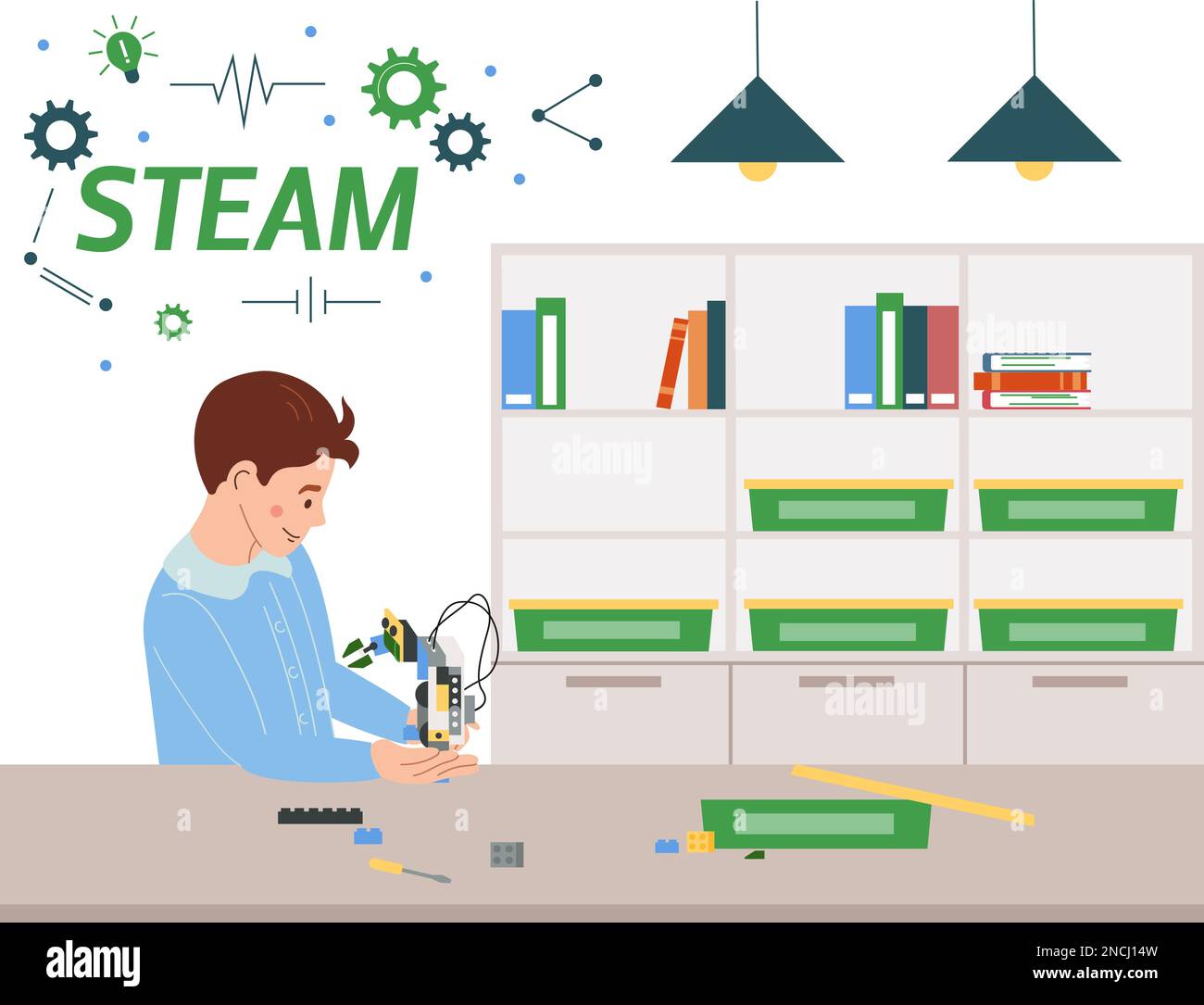 Kids services flat concept with boy during steam education process ...