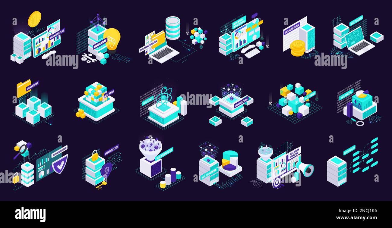Data economy isometric set of isolated compositions with icons of ...