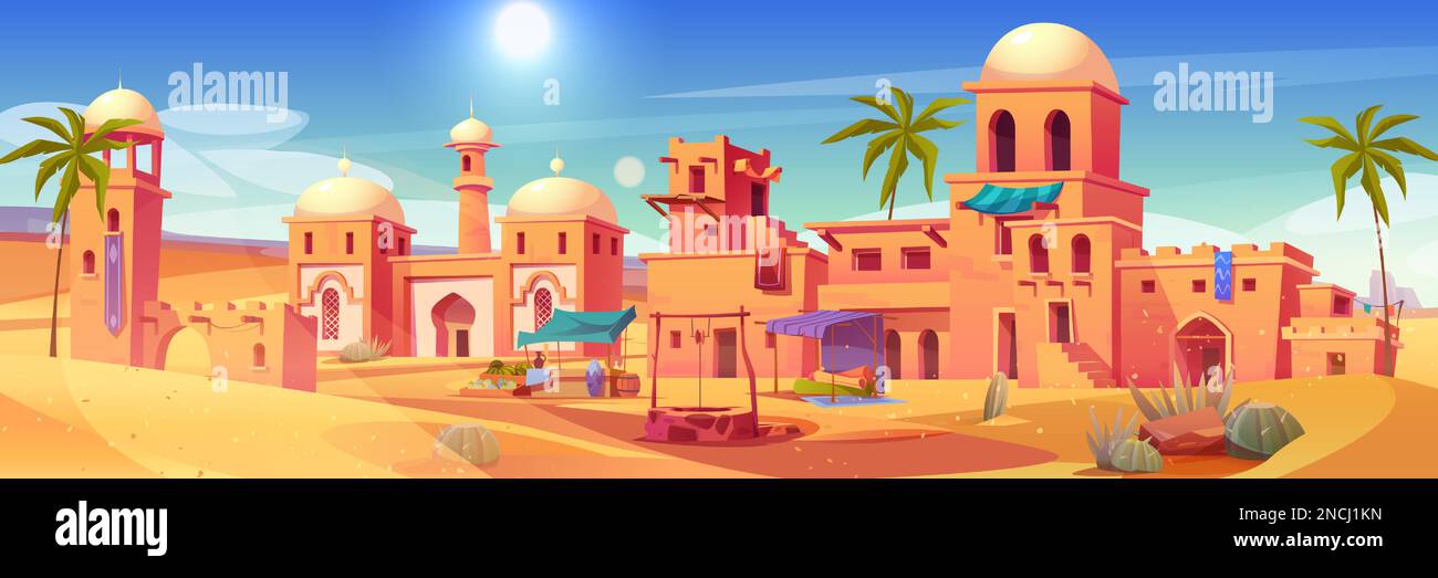 Ancient arab city with market and palace in desert. Vector cartoon ...